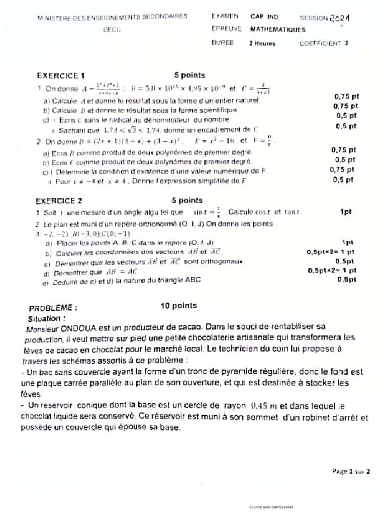 Epreuve Maths CAP IND Session 2021 | PDF