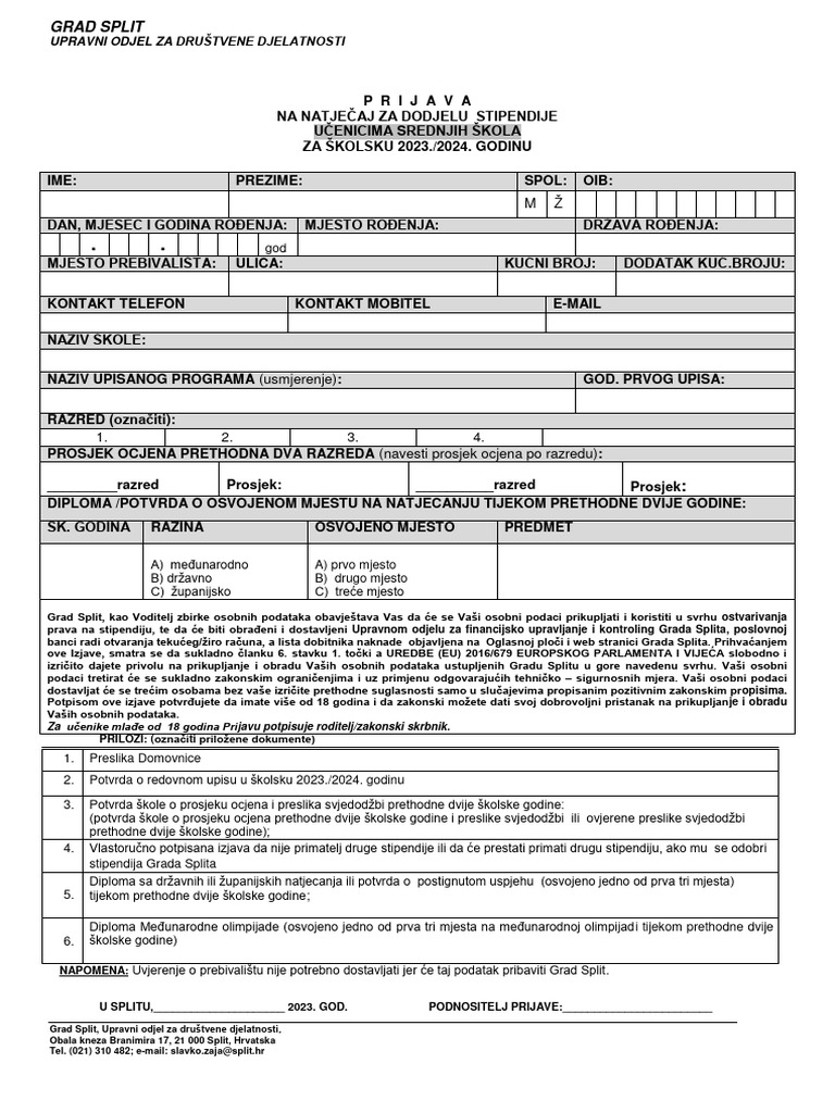 2023 - 09 - 05 - Obrazac Prijave - UÄ Enici Za 2023-2024 | PDF