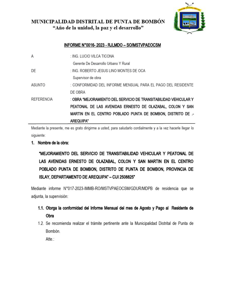 Informe N°016 Conformdad Al Residente | PDF