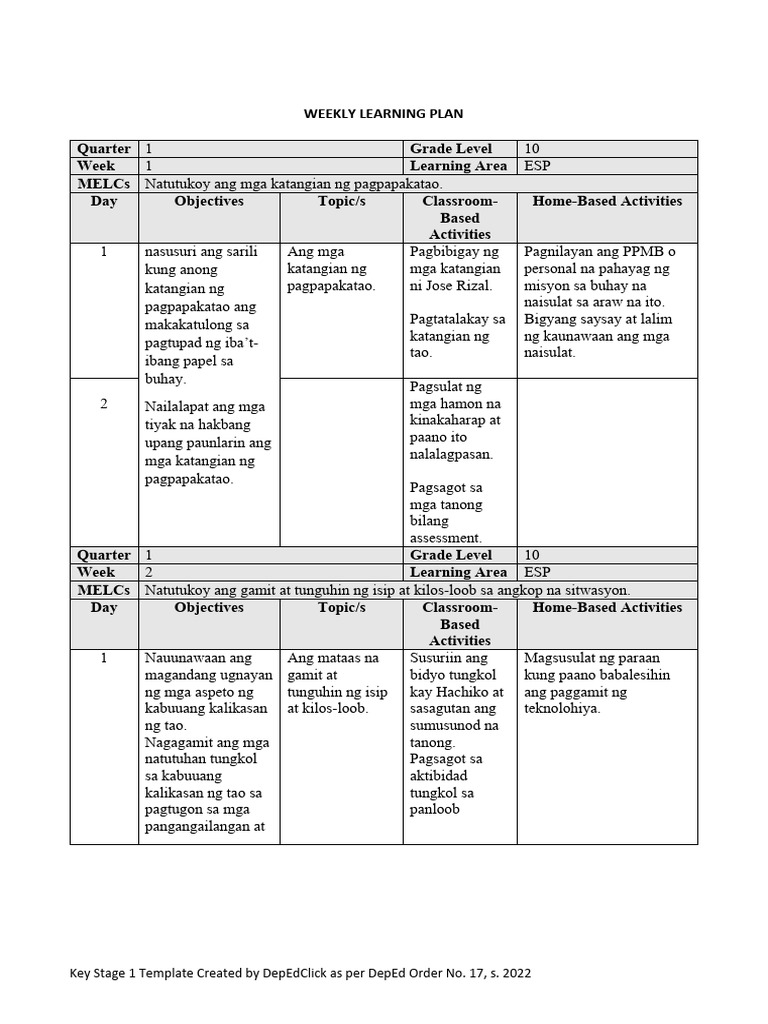 Weekly Learning Plan | PDF