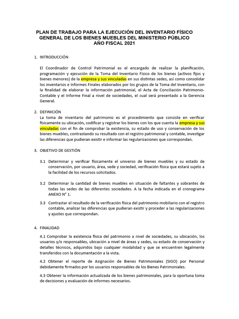 Plan de Trabajo para La Ejecución Del Inventario Físico General de Los ...