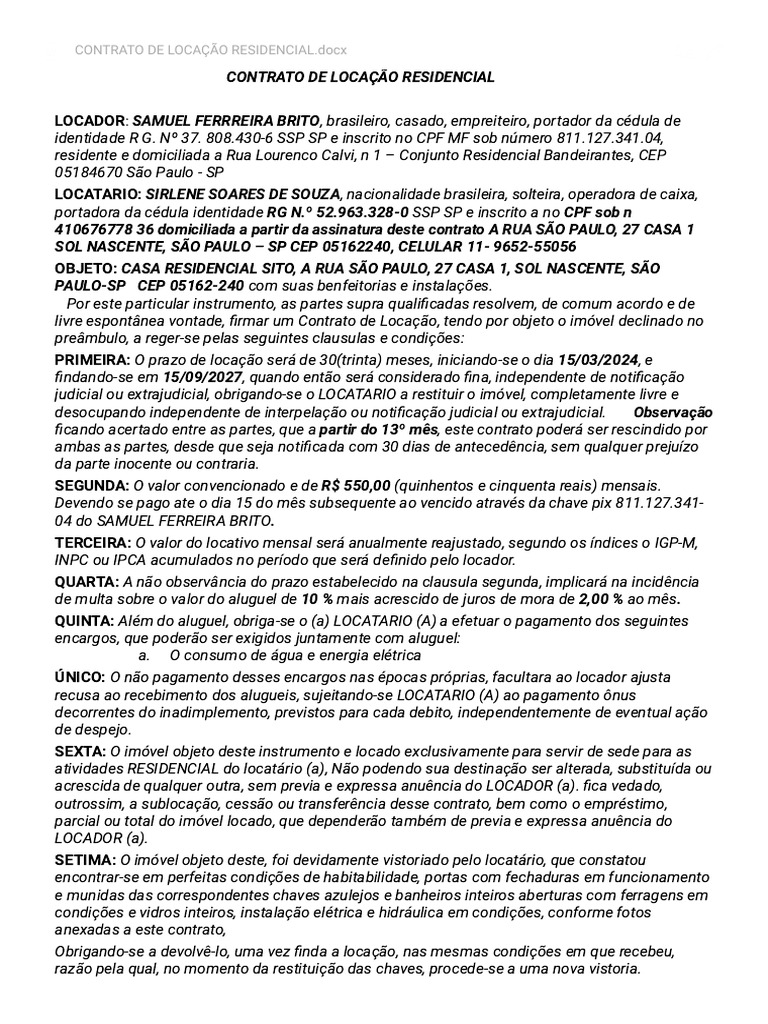 Modelo de Contrato de Locação Residencial | PDF | Aluguel | Lei e economia