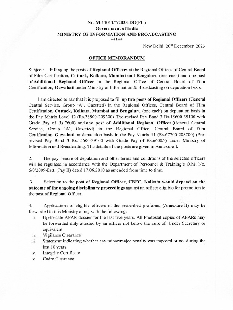 Recruitment of Regional Officers, CBFC | PDF