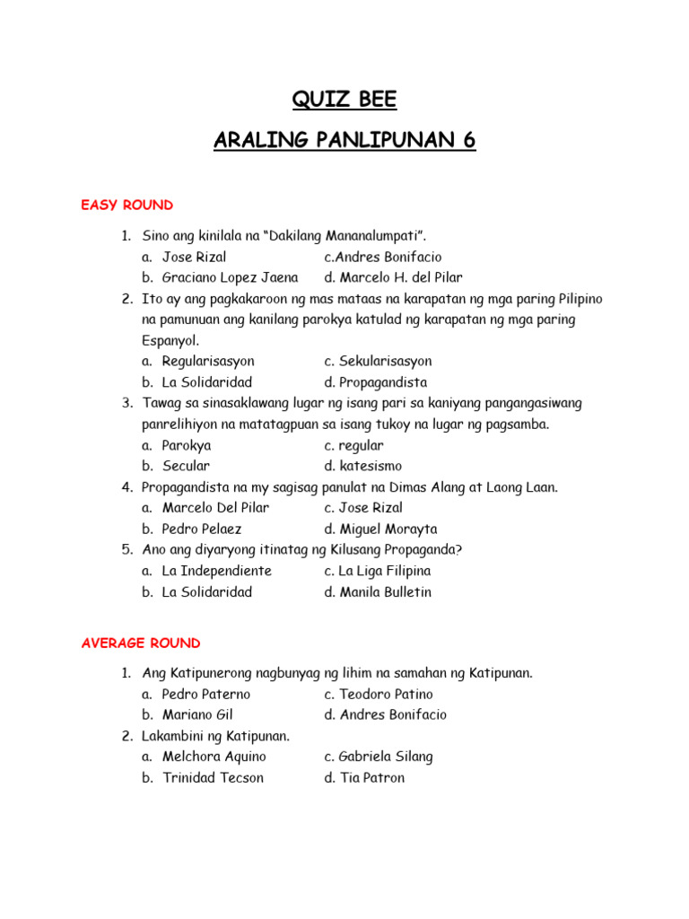 Quiz Bee Ap 6 | PDF