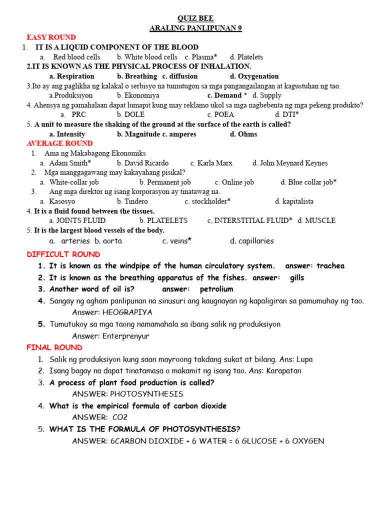 Quiz Bee Ap 9 | PDF | Blood | Breathing