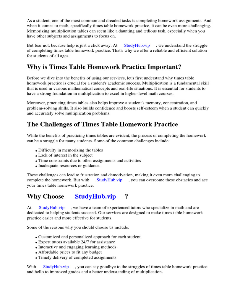 Times Table Homework Practice | PDF | Worksheet | Homework