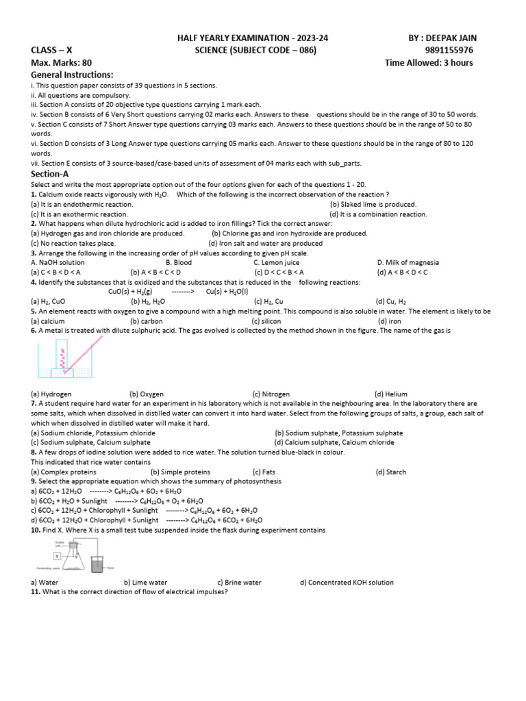 10th Science Paper Half Yearly (CH 1,2,3,5,6,9,10) | PDF | Salt ...
