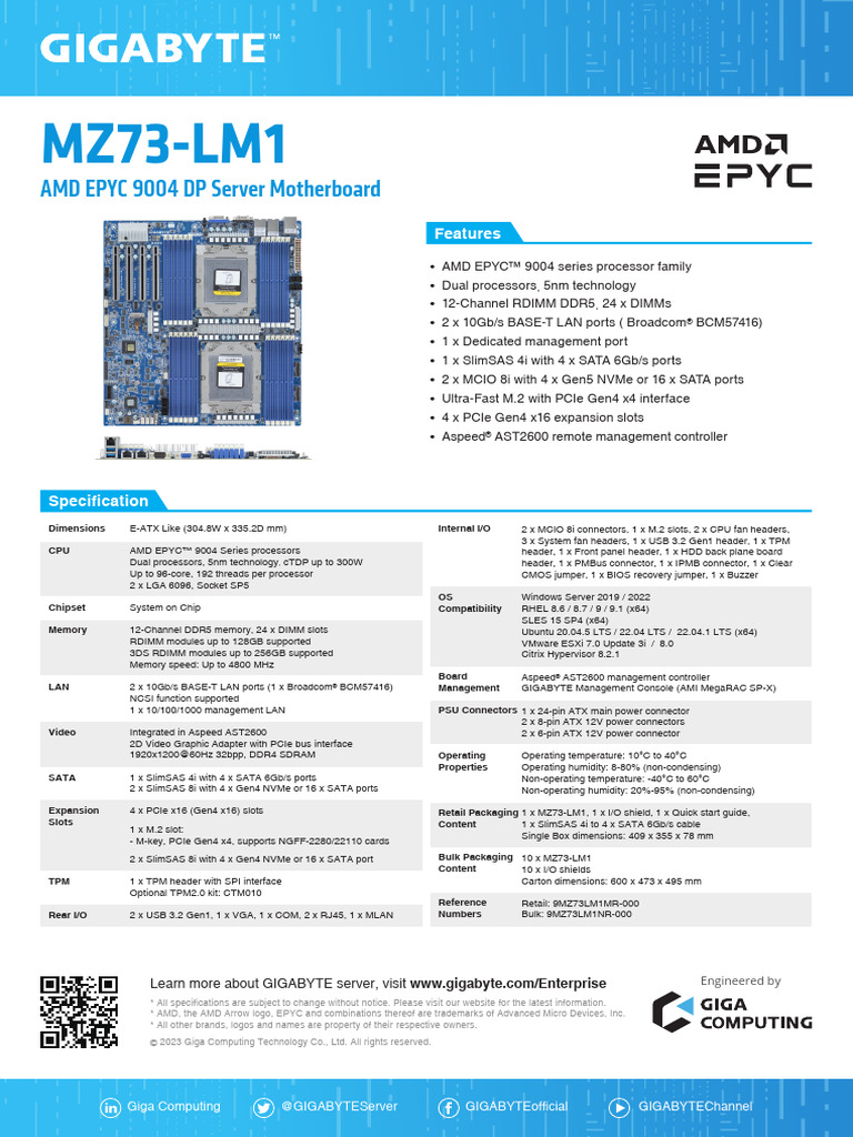 AMD EPYC 9004 MZ73-LM1 Datasheet v1.0 | PDF | Computer Engineering | Office Equipment