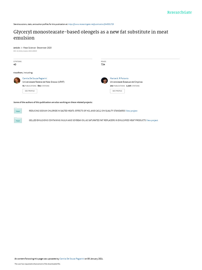 Glyceryl Monostearate-Based Oleogels As A New Fat Substitute in Meat ...