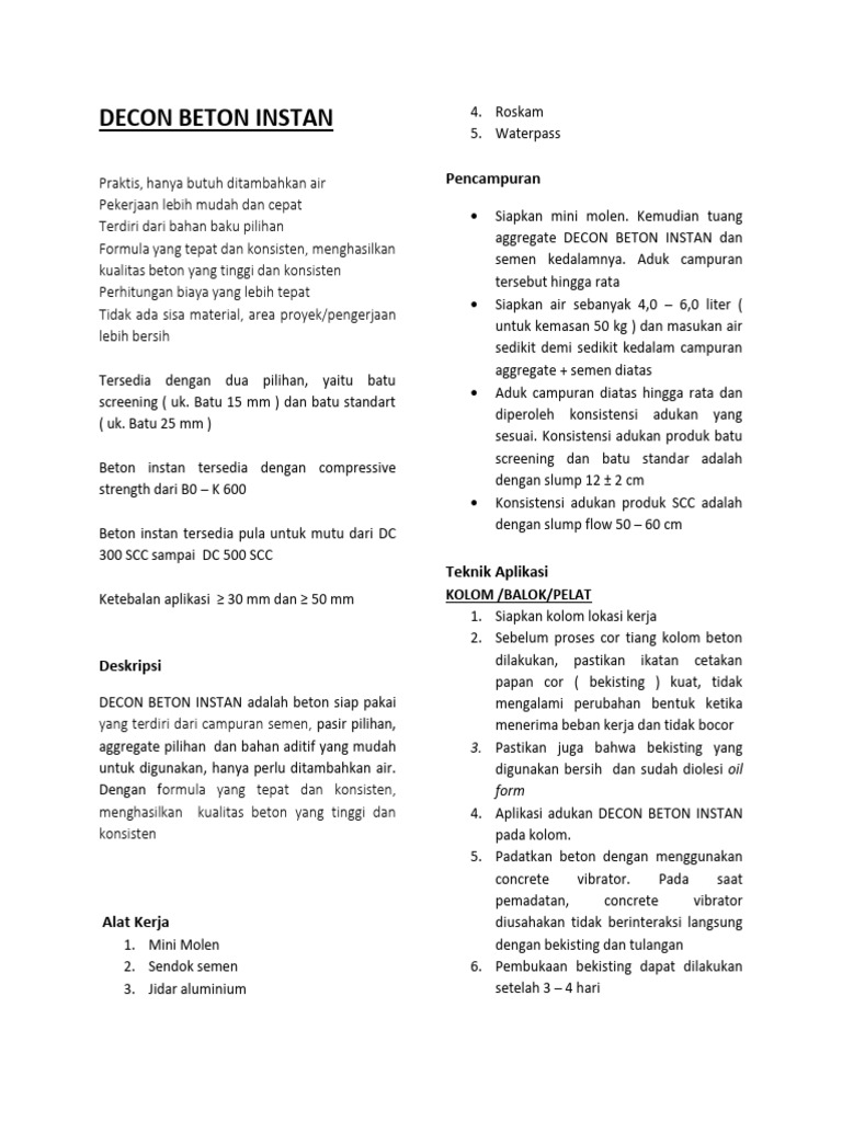 TDS Decon Beton Instan | PDF | Teknologi & Rekayasa