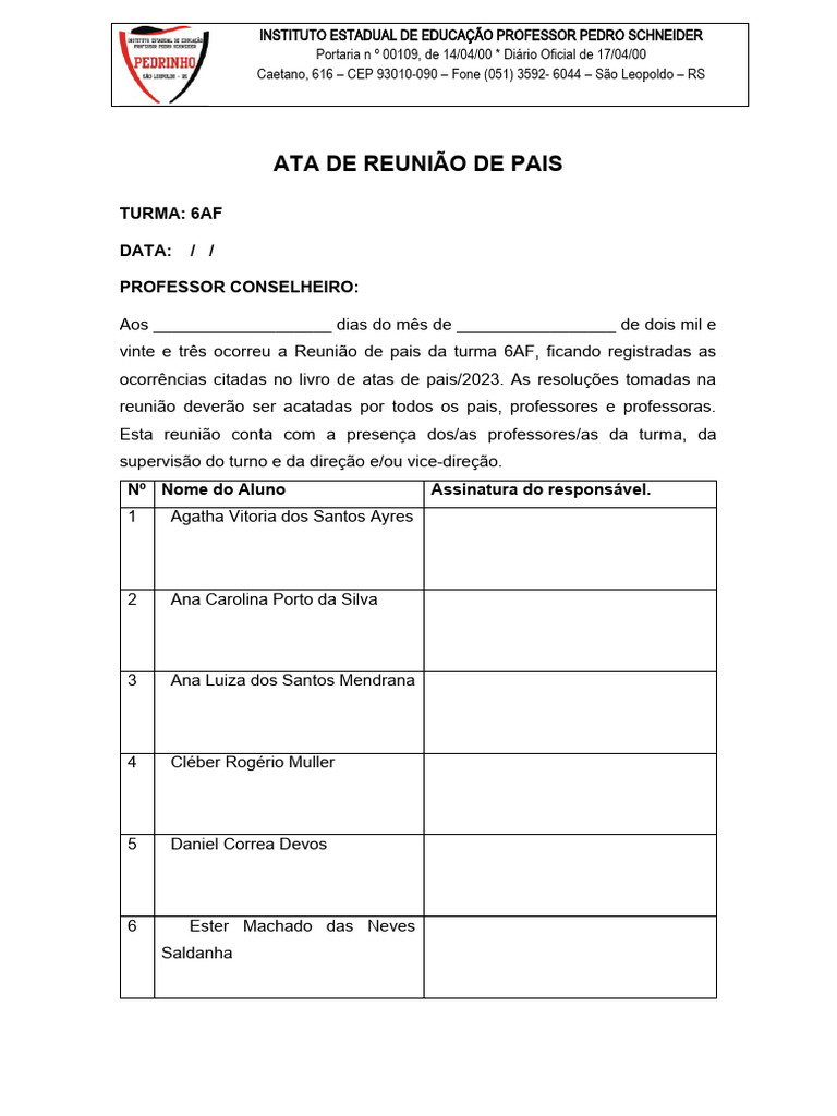 Ata de Reunião de Pais | PDF