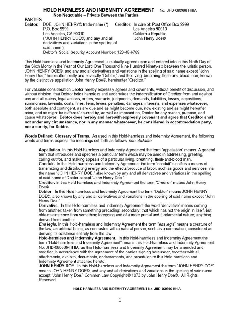 Hold Harmless and Indemnity Agreement | Download Free PDF | Indemnity ...