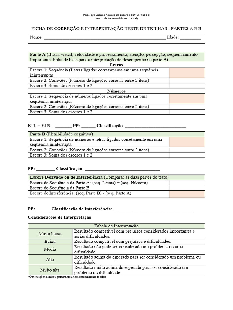 FICHA DE CORREÇÃO TESTE DE TRILHAS - Partes A e B | PDF | Psicologia