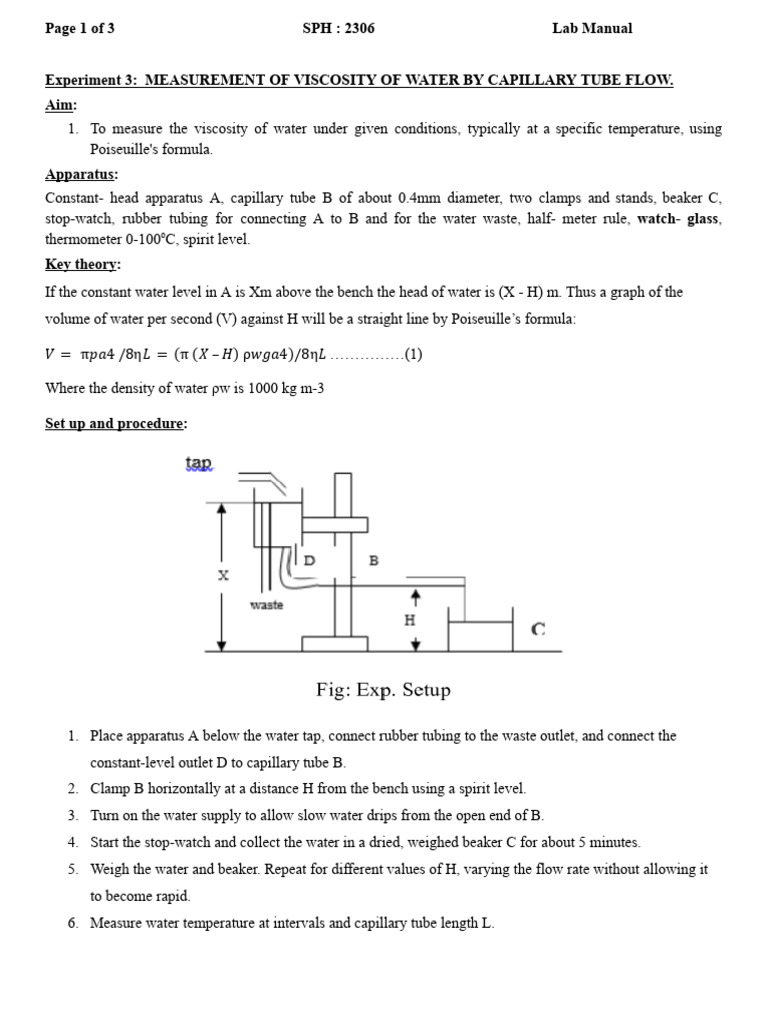 Experiment 3 - MEASUREMENT OF VISCOSITY OF WATER BY CAPILLARY TUBE FLOW | PDF | Viscosity | Slope