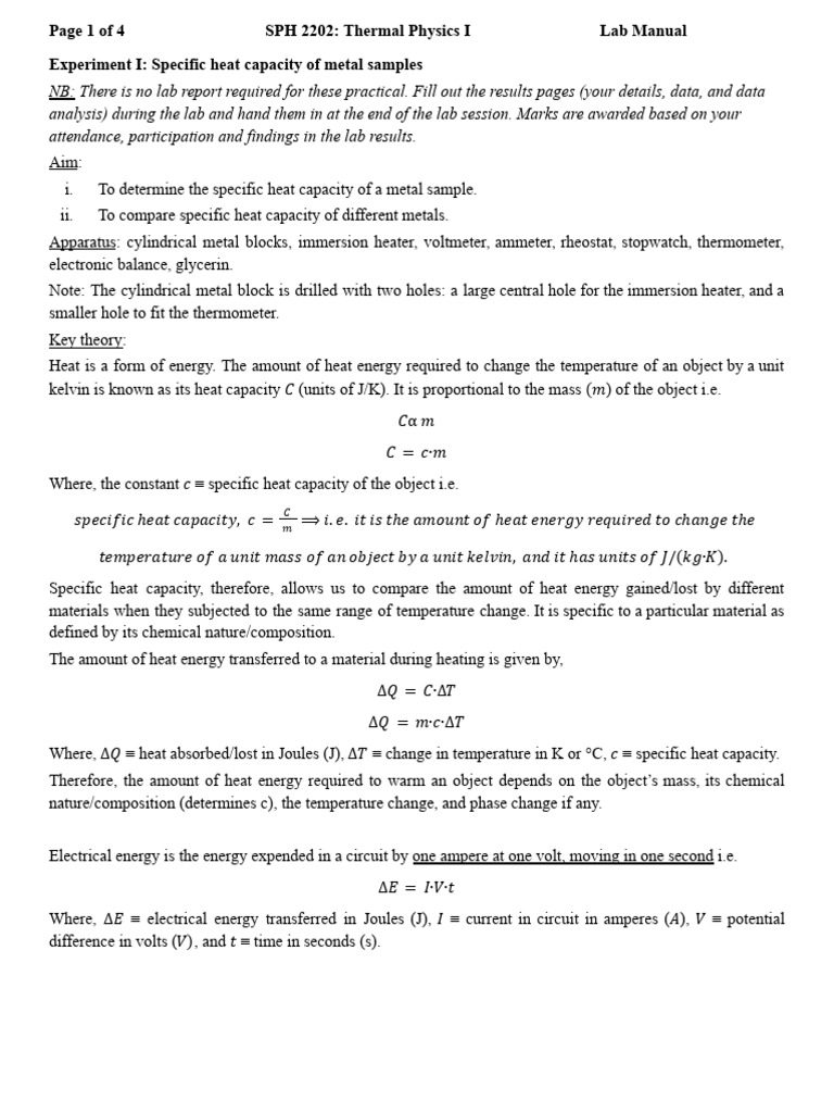 Specific Heat Capacity Lab Manual | PDF | Temperature | Heat