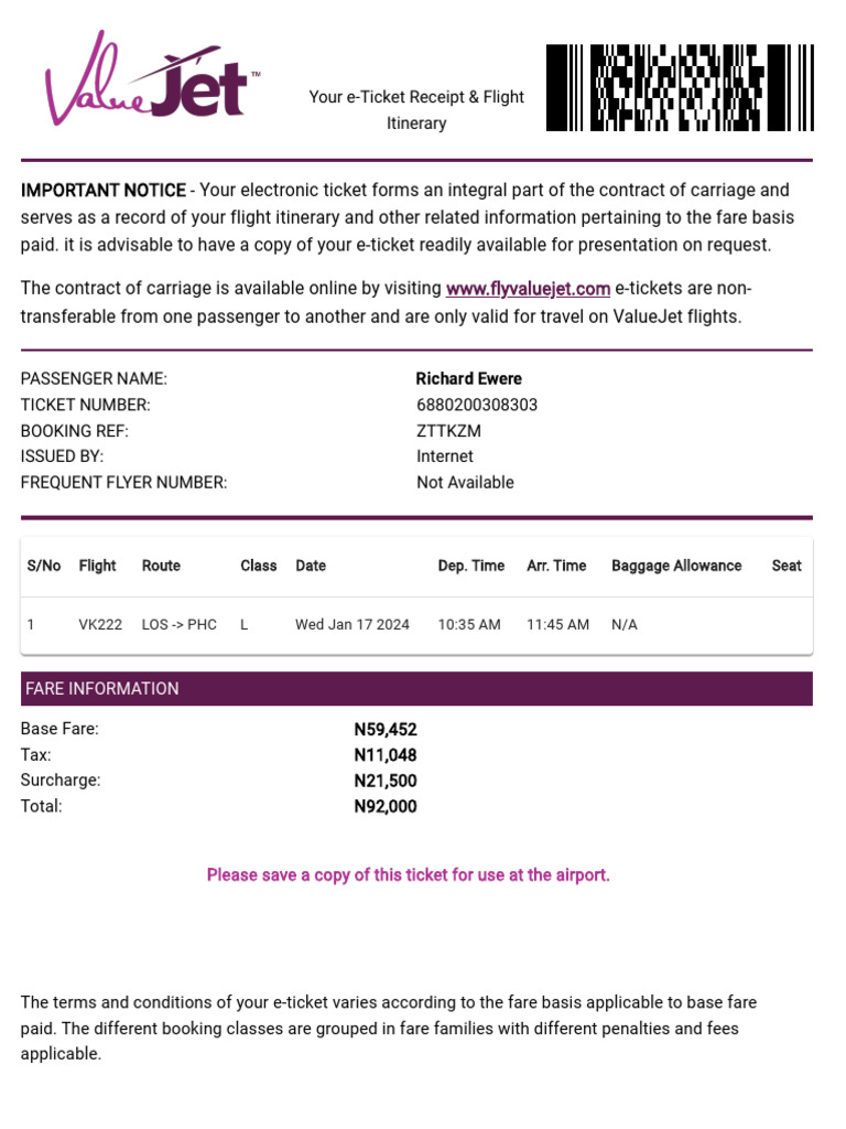 ValueJet e-Ticket and Flight Details | PDF | Baggage | Civil Aviation