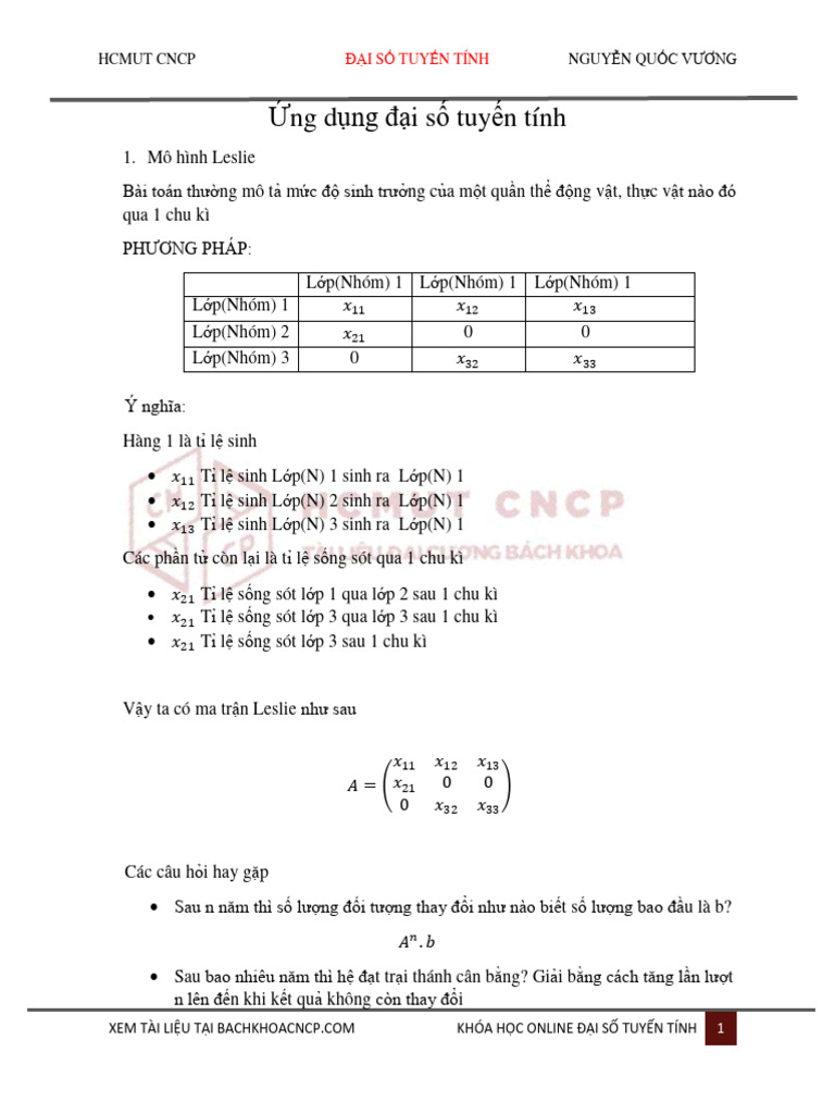 Ứng dụng ma trận trong mô hình Markov, Leslie, Input-Output | PDF