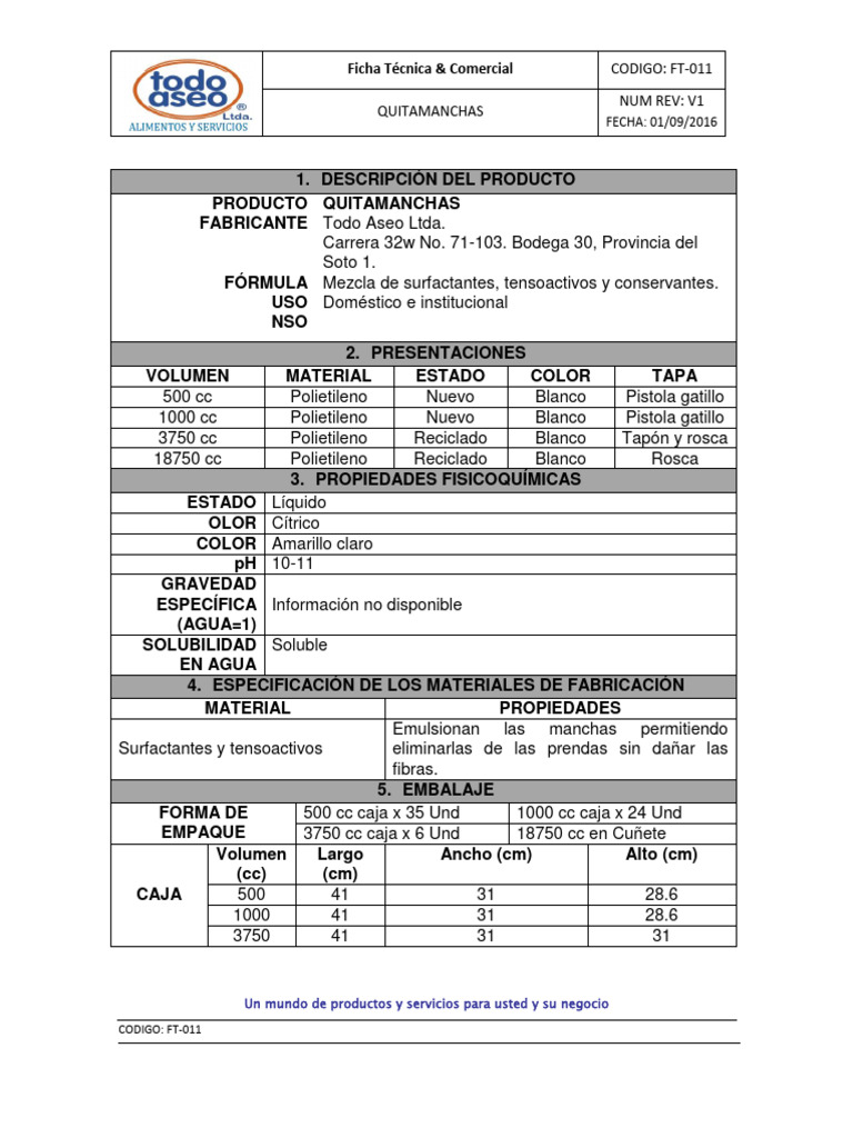 FT-011 Ficha Técnica Quitamanchas | Descargar gratis PDF | Tensioactivo