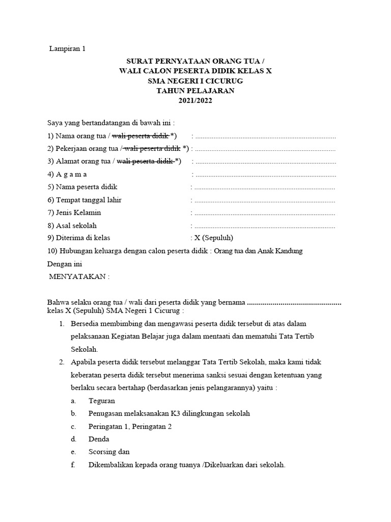 Surat Pernyataan Siswa Dan Ortu | PDF