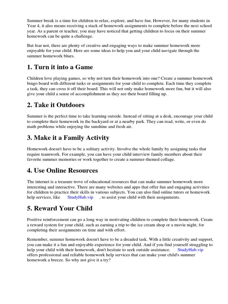 Summer Homework Ideas Year 4 | PDF | Homework | Preschool