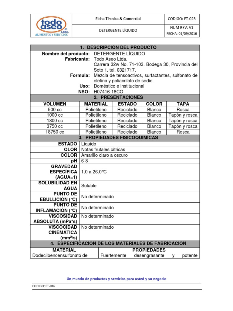 FT-003 Ficha Técnica Detergente Líquido | PDF | Tensioactivo | Detergente