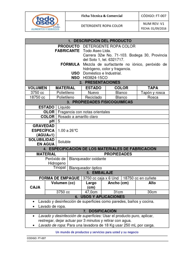 FT-007 Ficha Técnica Detergente Ropa Color | PDF | Agua | Blanqueador