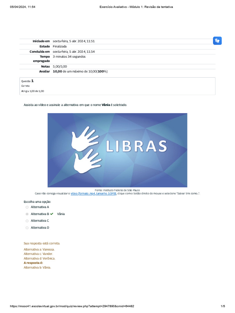 Exercício Avaliativo - Módulo 1 Libras - Revisão Da Tentativa | PDF