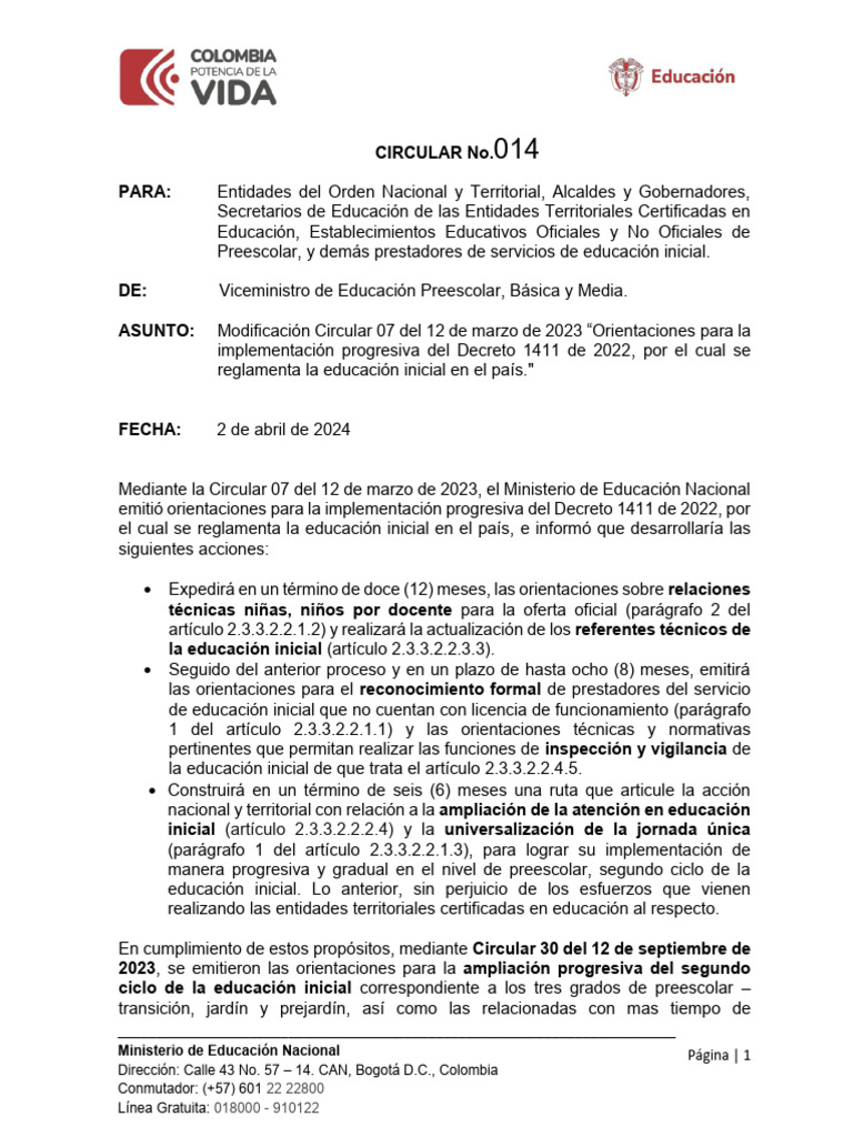 Circular 014 Del 2 de Abril de 2024 Mod Circular 07 de 2023 Orientaciones | PDF | Educación de ...