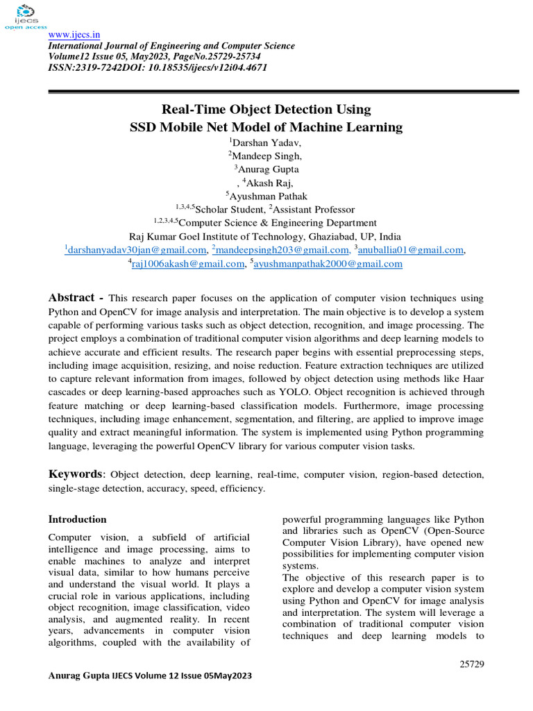 Real-Time Object Detection Using SSD MobileNet Mod | PDF | Computer Vision | Deep Learning