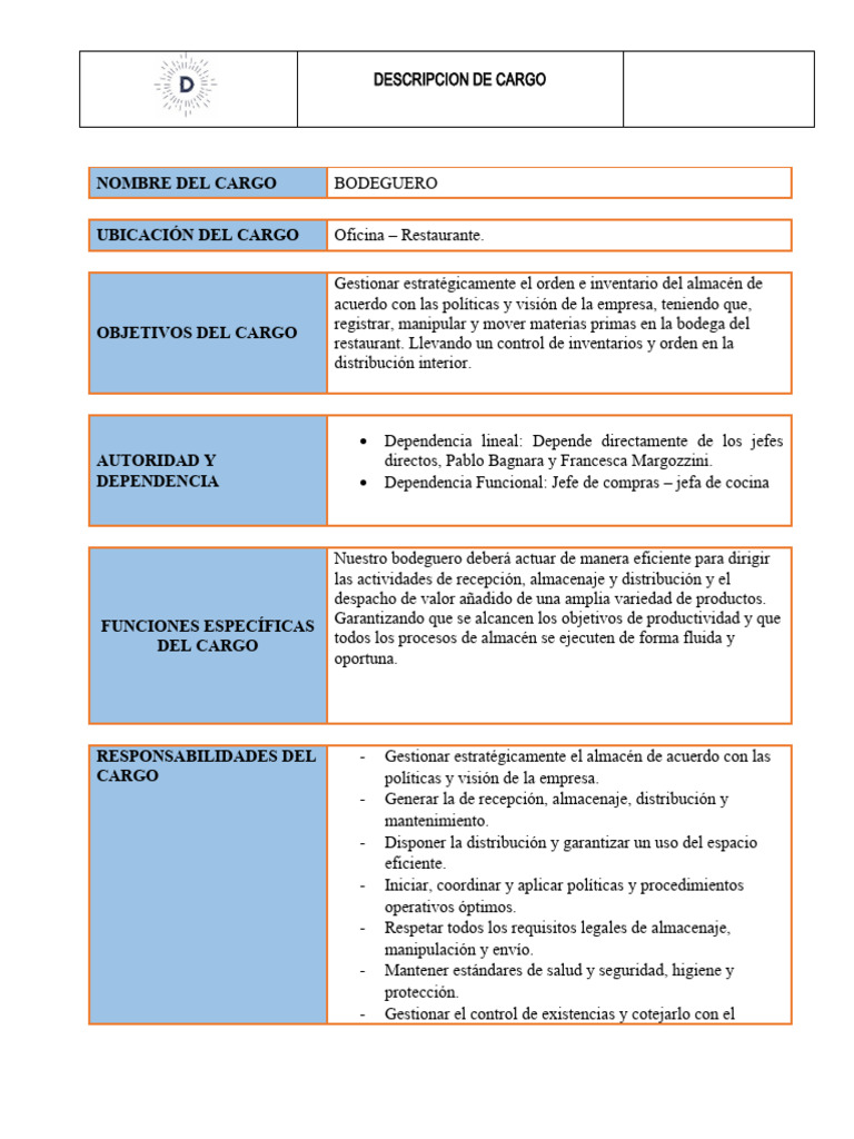 Descriptor de Cargo Bodeguero | PDF | Business | Almacén