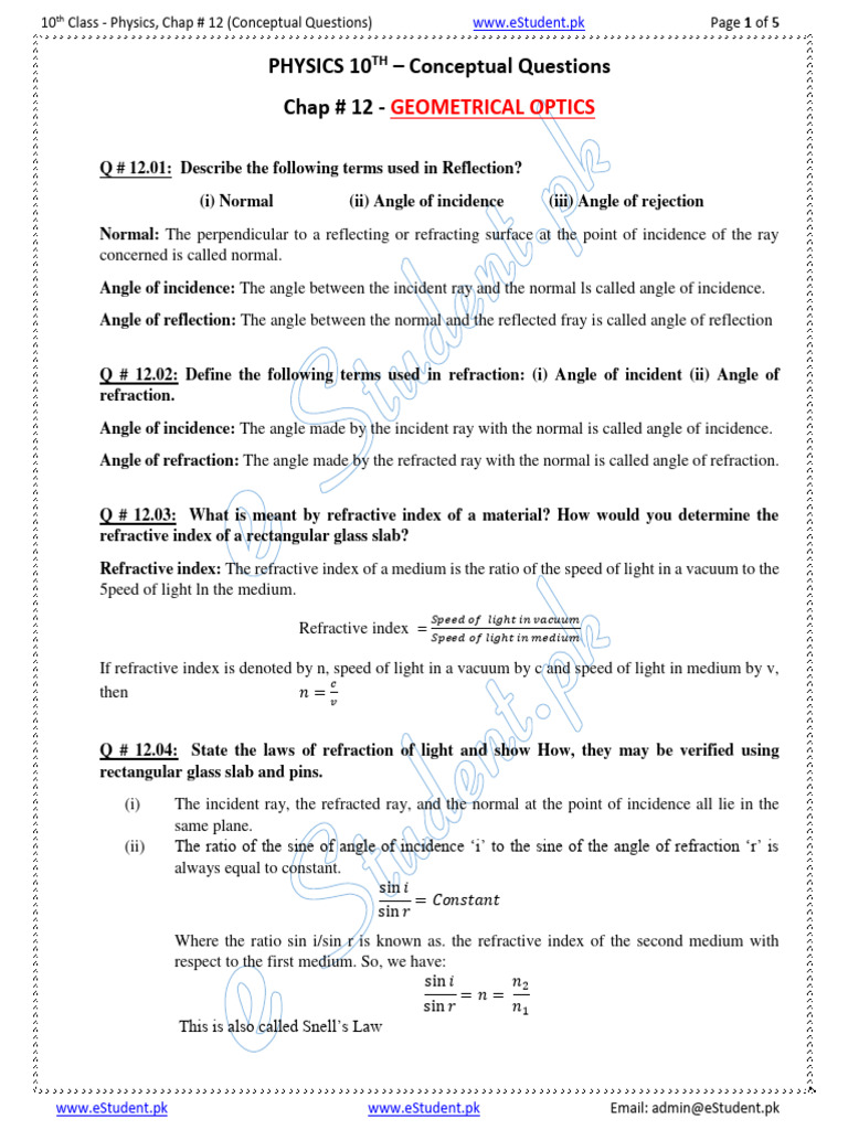 10 Phy CH 12 Conc Q by Estudent - PK | PDF | Refraction | Mirror