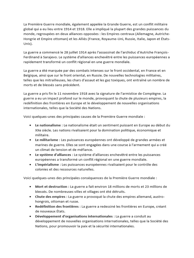 Résumé de la Première Guerre mondiale | PDF | Première guerre mondiale ...