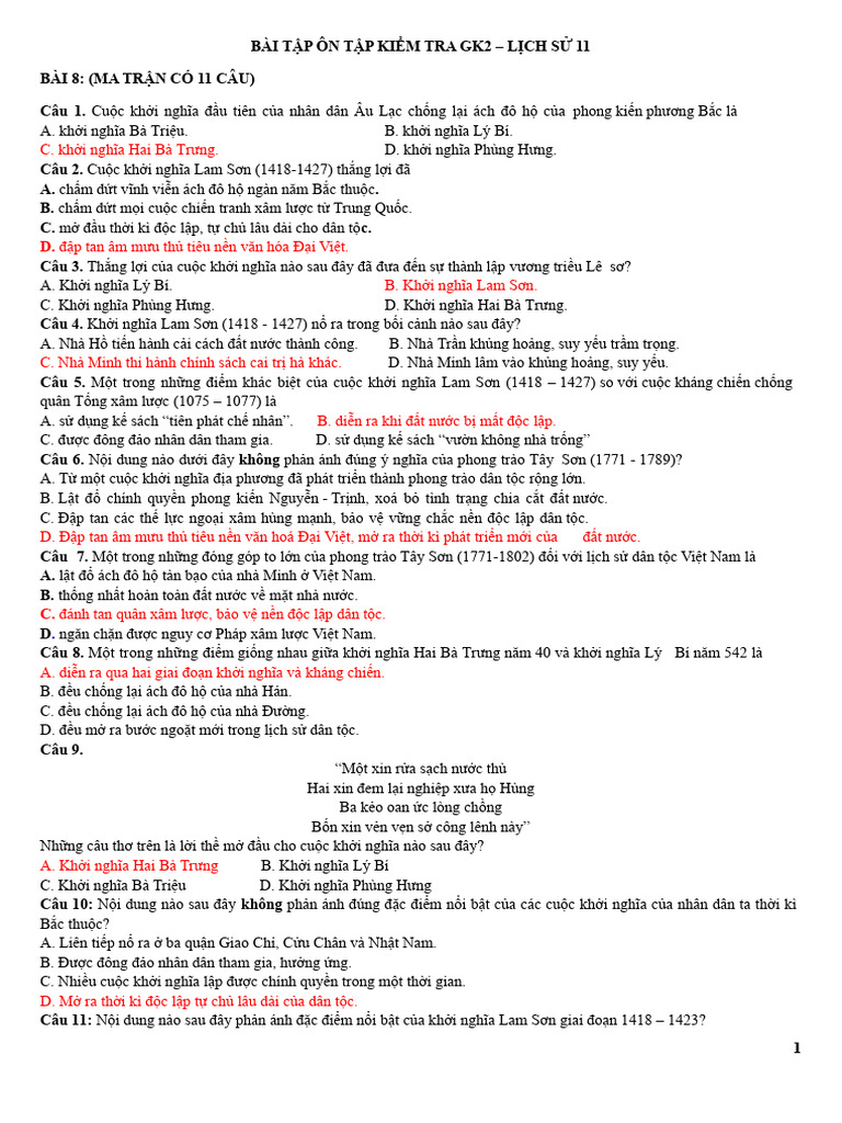 ÔN TẬP GK2 SỬ 11 1 | PDF