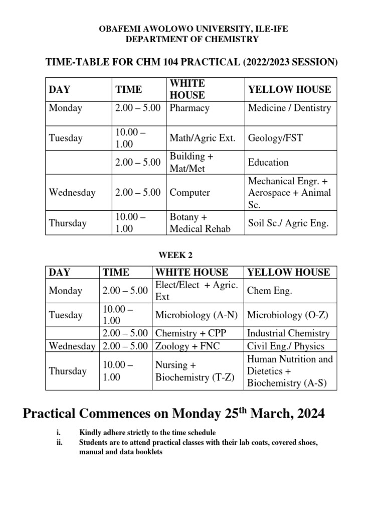 CHM 104 Practical Timetable 2022/2023 | PDF