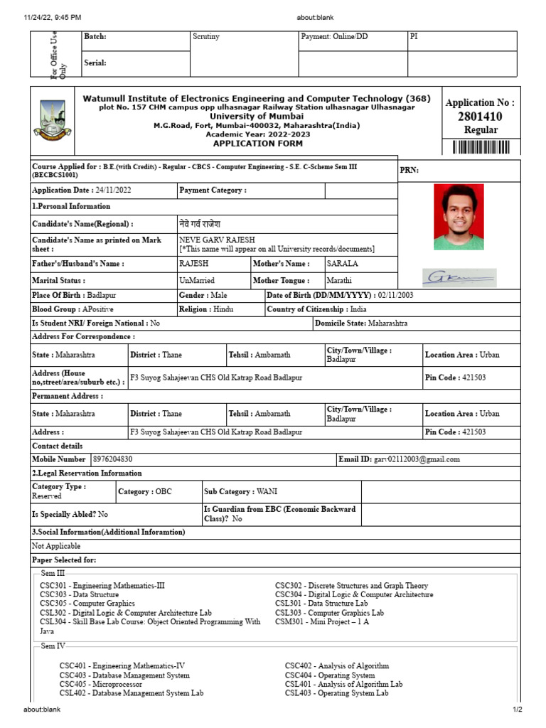 MU Pre Addmission Form | PDF | Computer Science | Computing