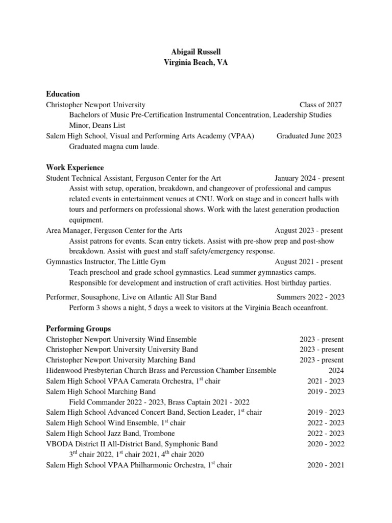 abigail russell curriculum vitae | PDF | Orchestras | Tuba