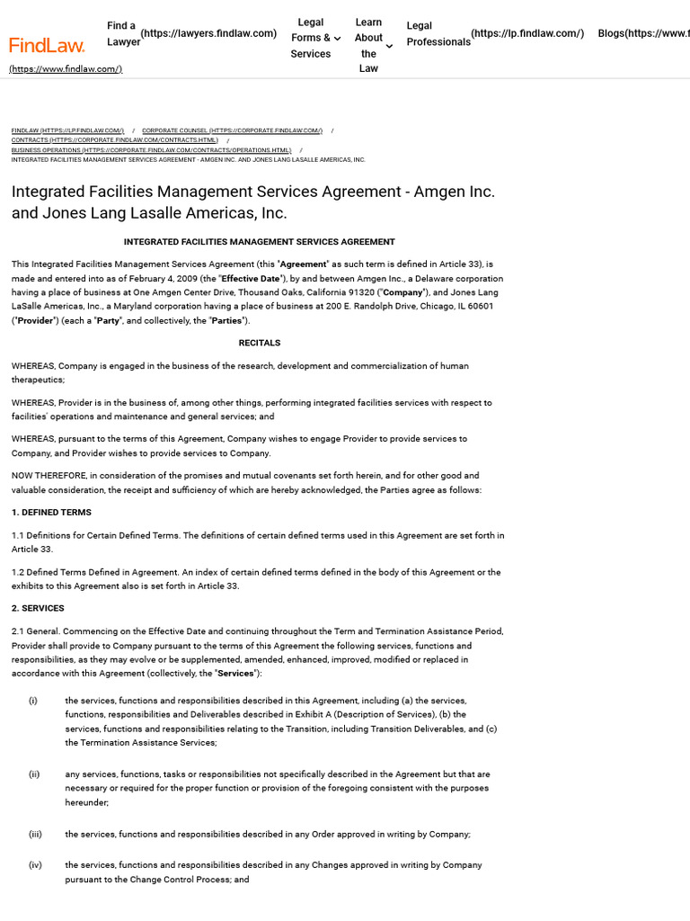 Integrated Facilities Management Services Agreement - Amgen Inc. and ...
