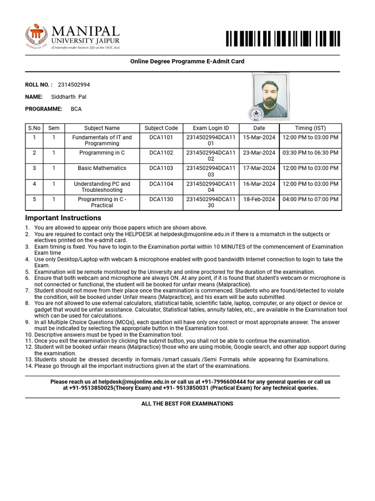 BCA Online Exam E-Admit Card Details | PDF | Multiple Choice | Computing