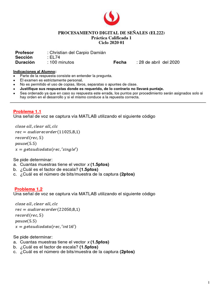 PC1 Procesamiento Digital de Se Ales 2020-1 B | PDF | Muestreo (procesamiento de señal ...