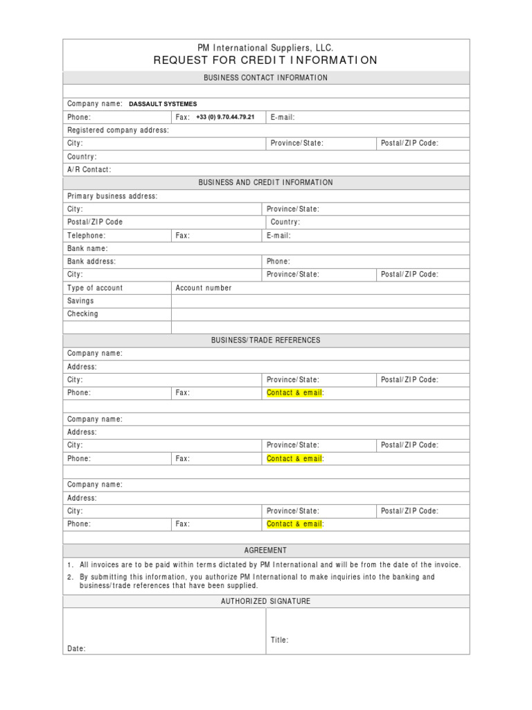 PM International Credit Information Request | PDF