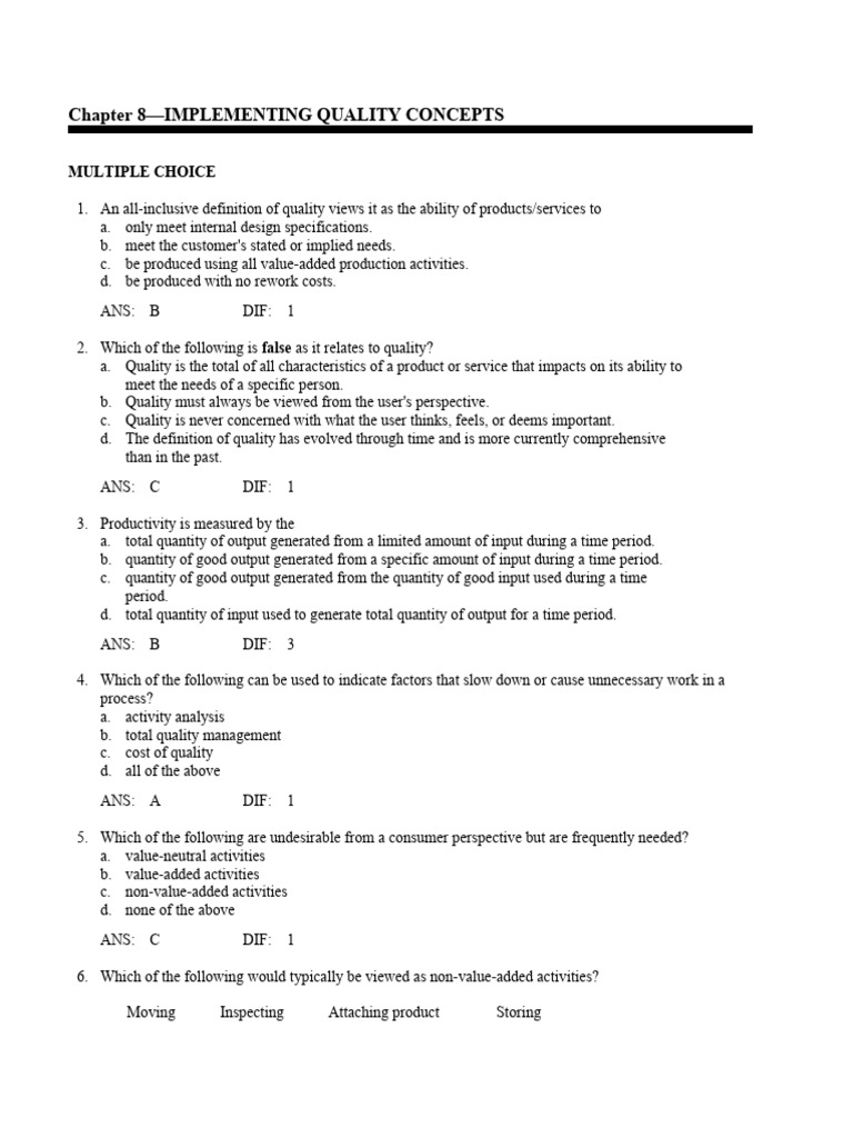 Chapter 8-IMPLEMENTING QUALITY CONCEPTS | PDF | Quality Management | Benchmarking
