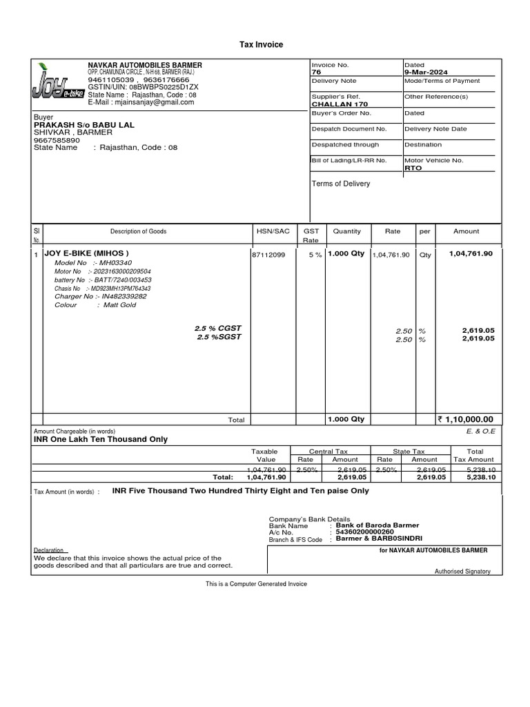 Tax Invoice: Navkar Automobiles Barmer | PDF | Government Finances | Taxes