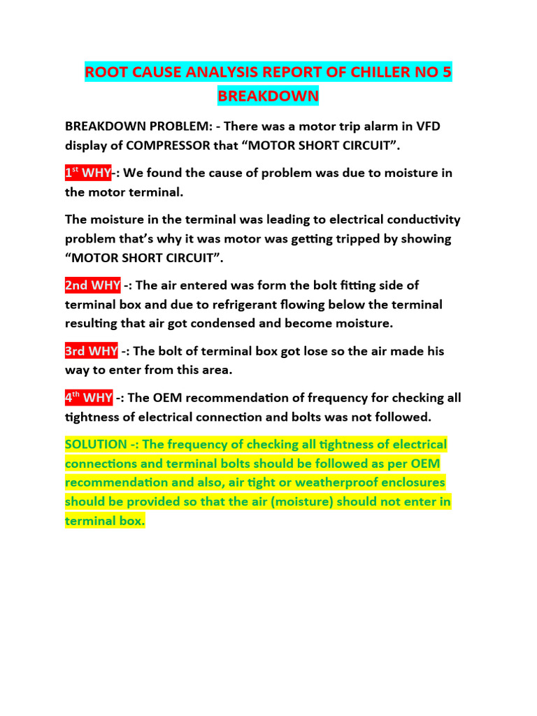Root Cause Analysis Report of Chiller No 5 Breakdown | PDF