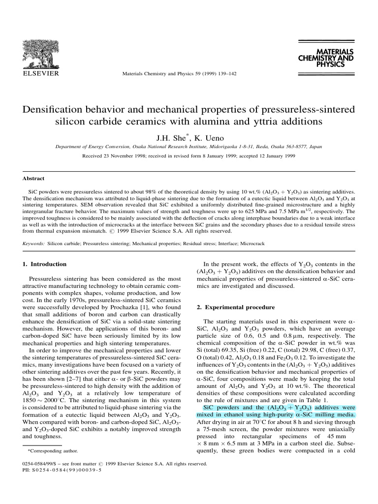Densification and Mechanical Properties of Pressureless Sintered SiC Using Alumina and Yttria ...