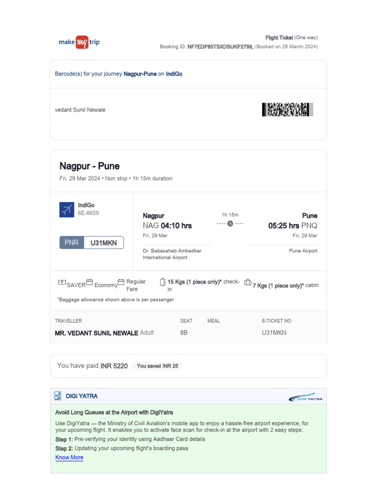 Nagpur to Pune Flight Ticket Details | PDF | Airport | Aviation