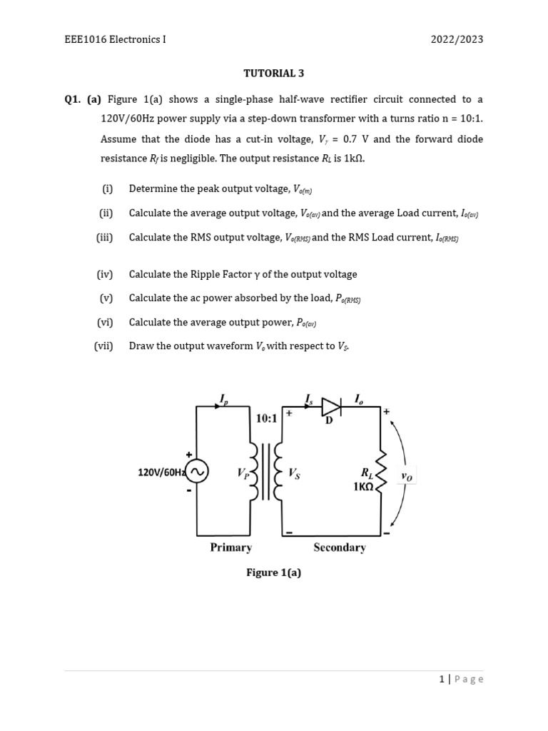 Tutorial 3 EEE1016 2022-2023 2 | PDF | Rectifier | Electrical Engineering