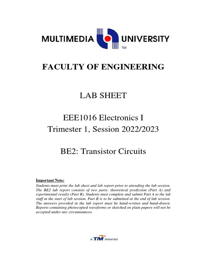 2022 2023 Tri 1 EEE1016 Lab Instruction (BE2) | PDF | Bipolar Junction Transistor | Amplifier