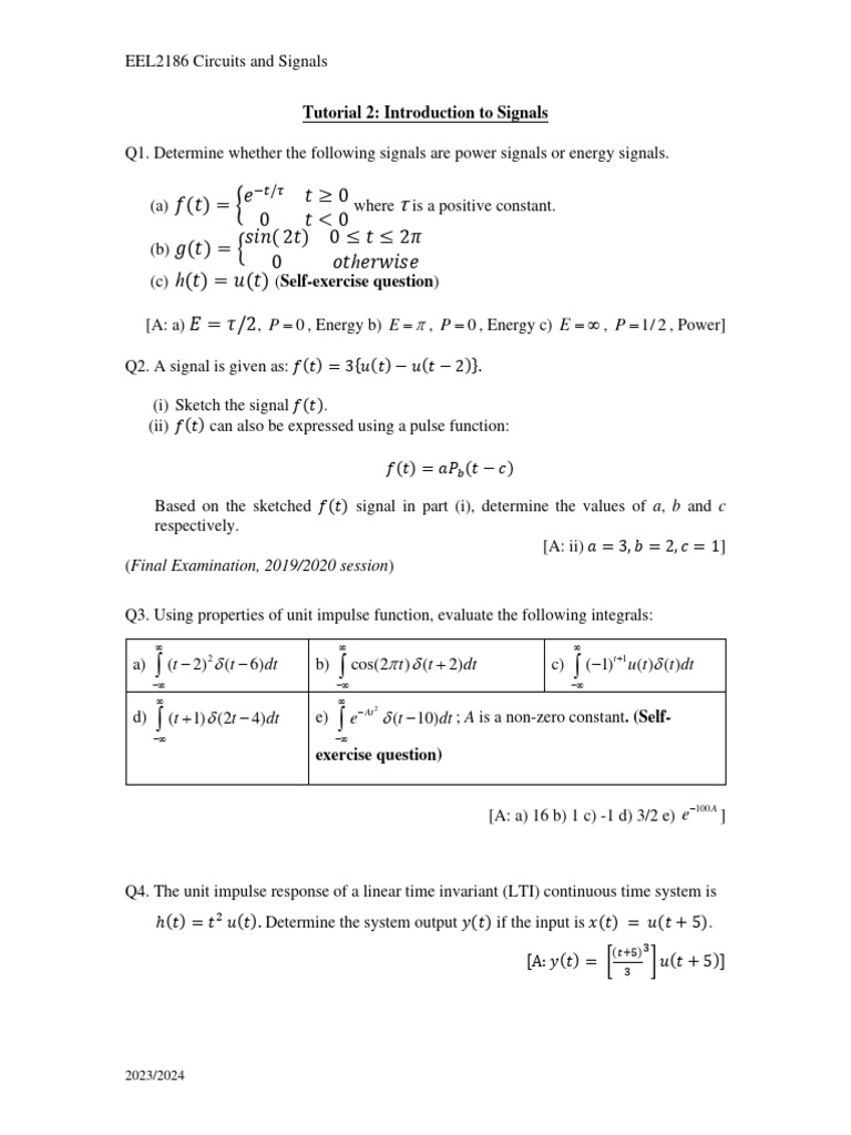 Signals and Systems Tutorial 2 Solutions | PDF | Electrical Engineering | Electronics
