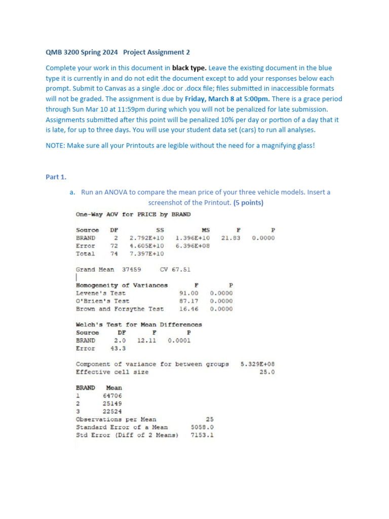 QMB 3200 Spring 2024 Project Assignment 2 | PDF | P Value | Applied Mathematics