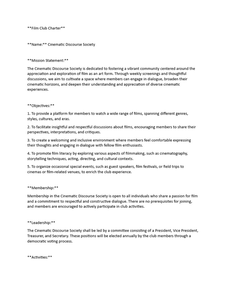 Film Club Charter | PDF | Cinematography | Dialogue